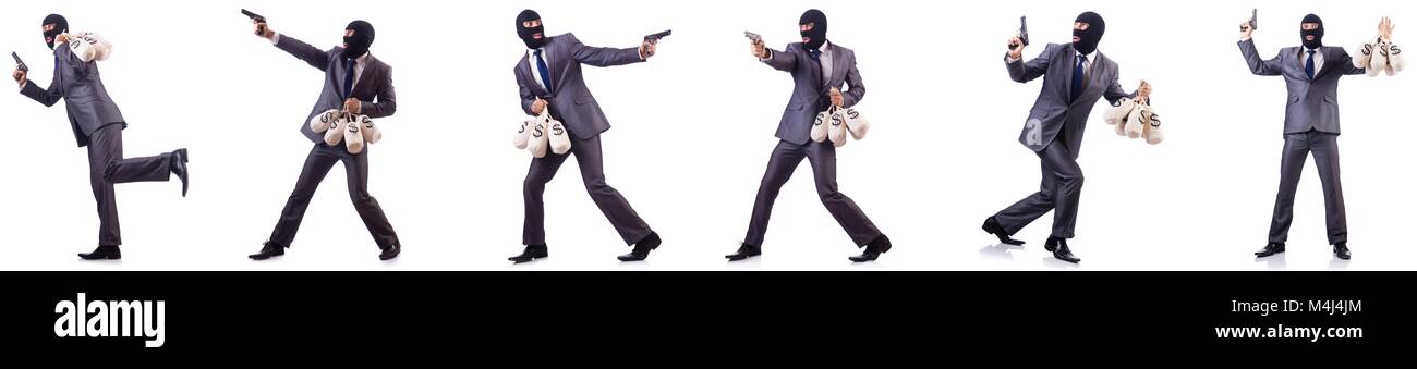 Gangster with bags of money on white Stock Photo - Alamy