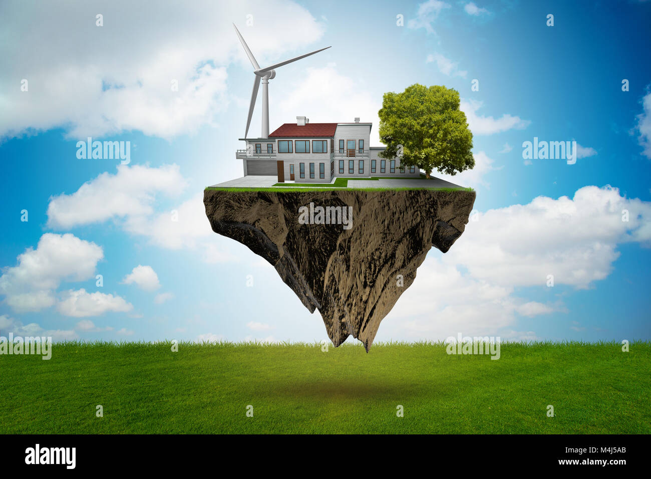 Flying floating island in green energy concept - 3d rendering Stock ...