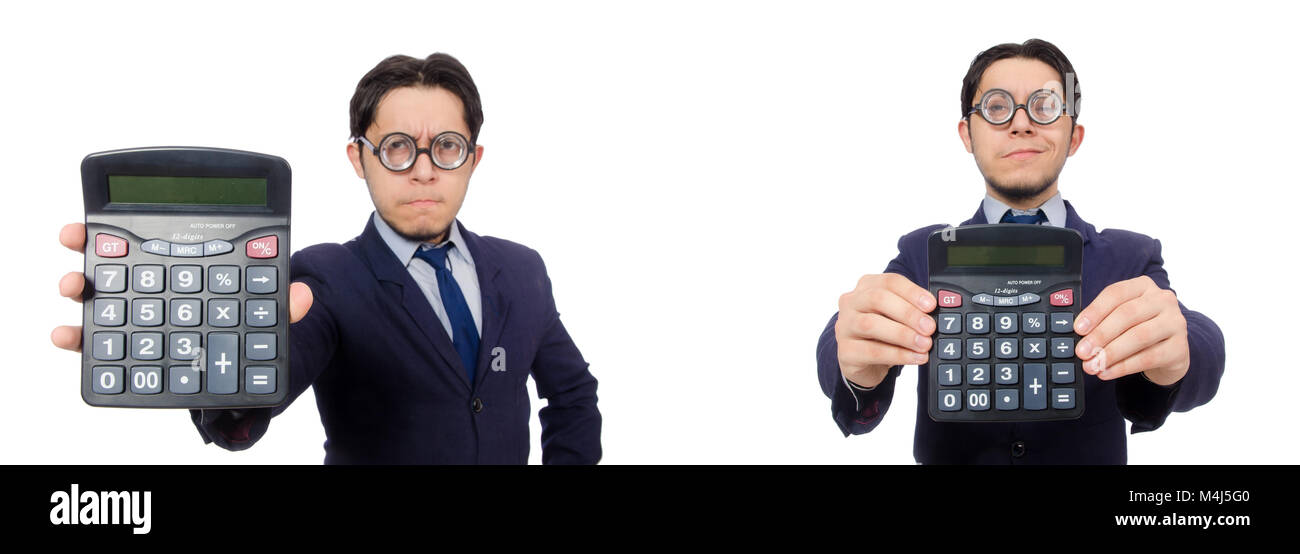 Funny man with calculator isolated on white Stock Photo - Alamy