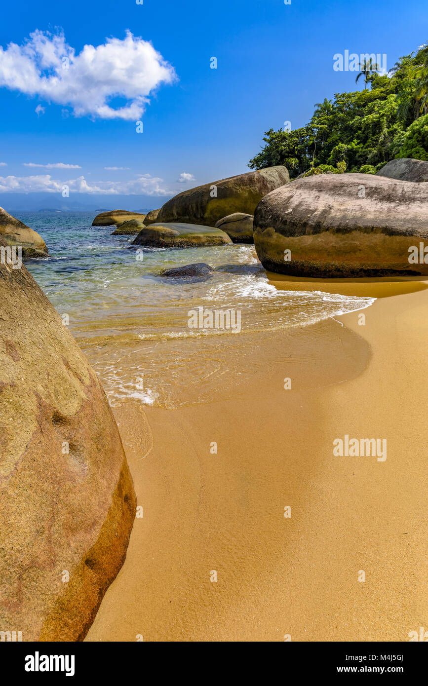 Deserted beach between rocks and the rainforest Stock Photo - Alamy