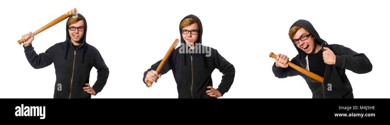 Aggressive man with baseball bat isolated on white Stock Photo - Alamy