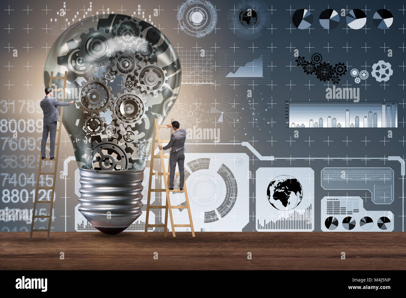Businessman on ladder repairing light bulb Stock Photo - Alamy