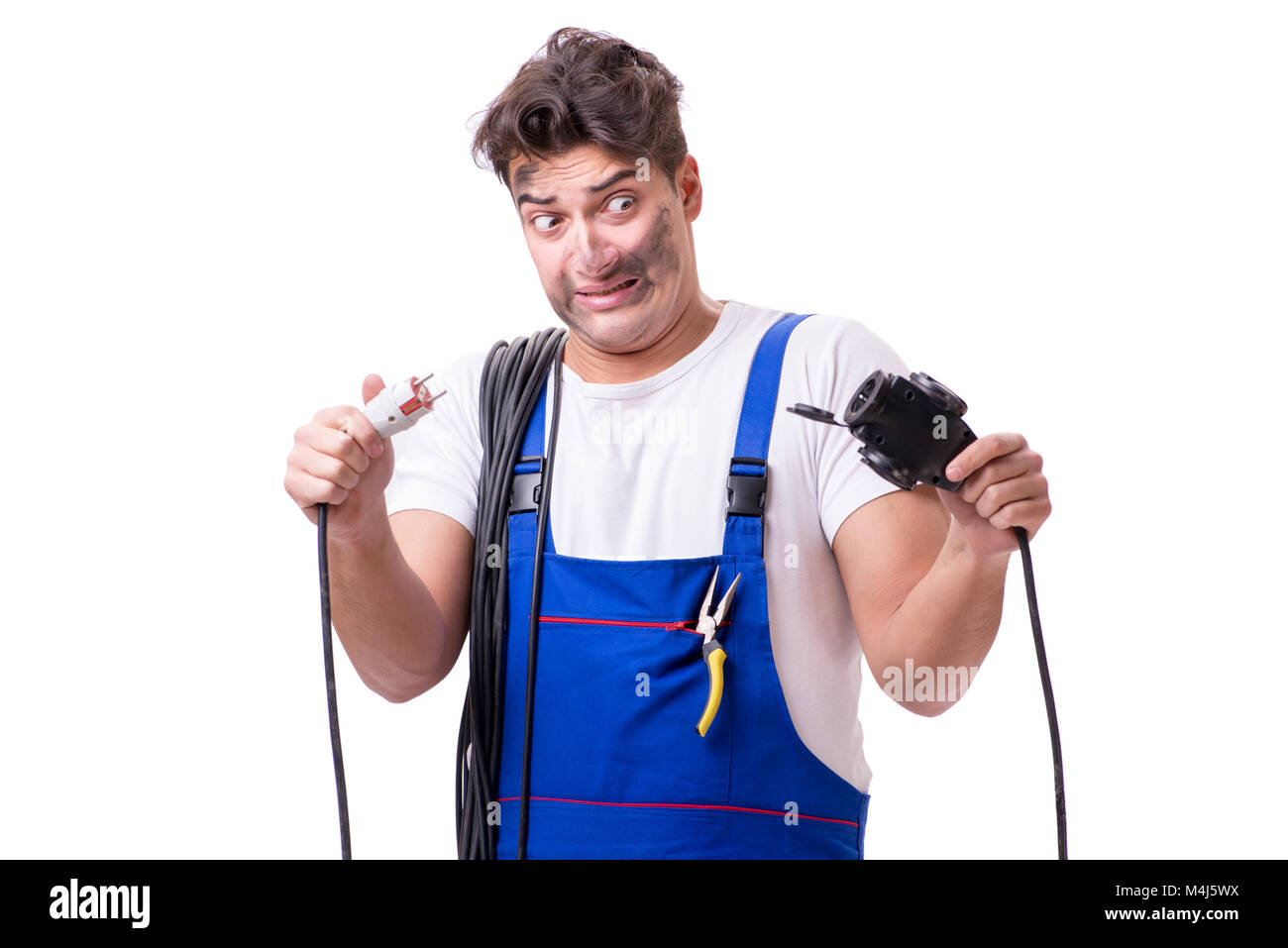 Funny man doing electrical repair Stock Photo - Alamy