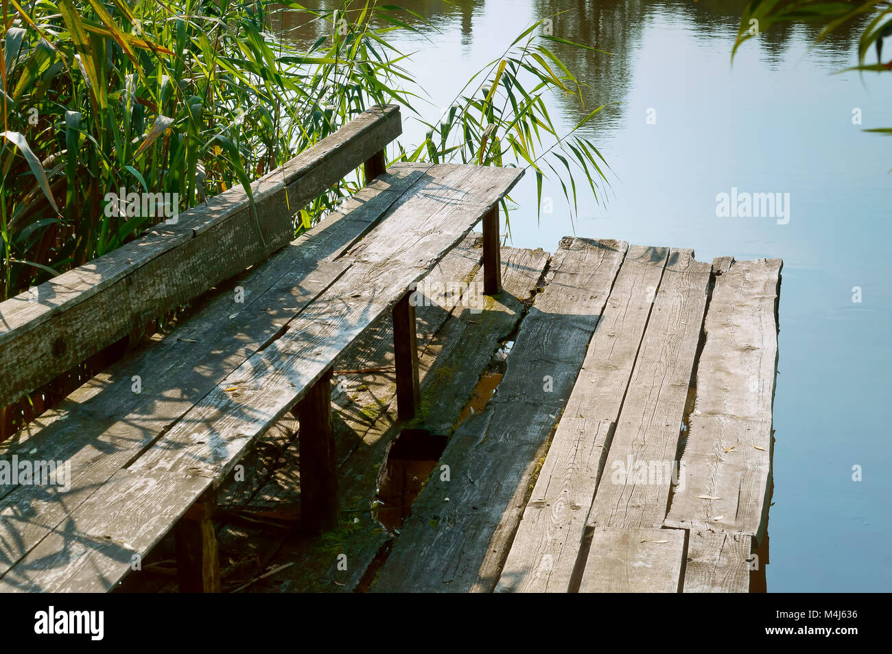 old Park bench by the water, broken wooden bench in the forest for ...