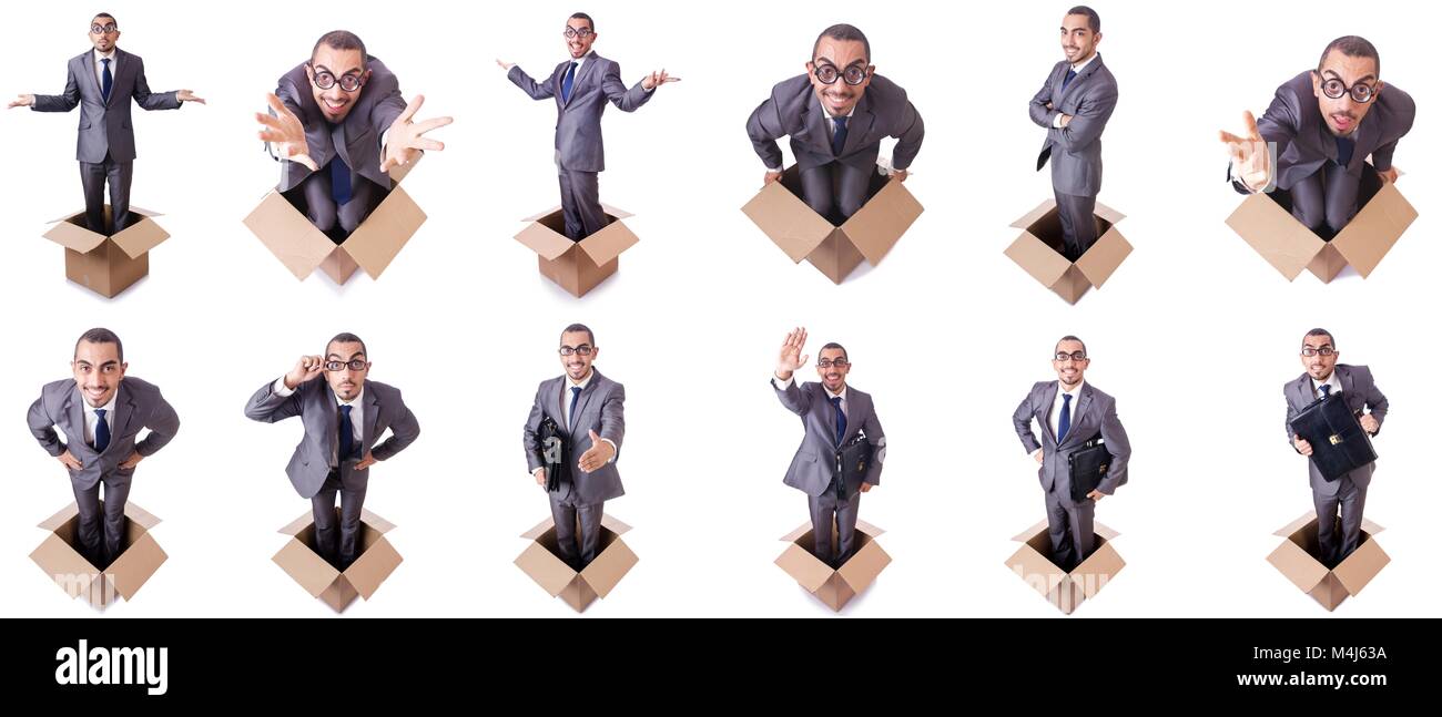 Man in thinking outside the box concept Stock Photo - Alamy