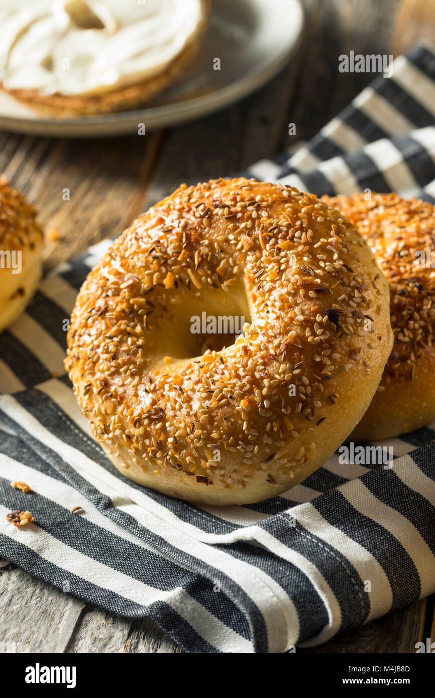Round Warm Everything Bagels Ready to Eat Stock Photo - Alamy