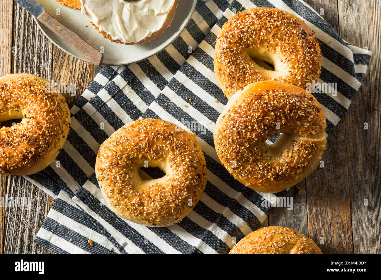 Round Warm Everything Bagels Ready to Eat Stock Photo - Alamy