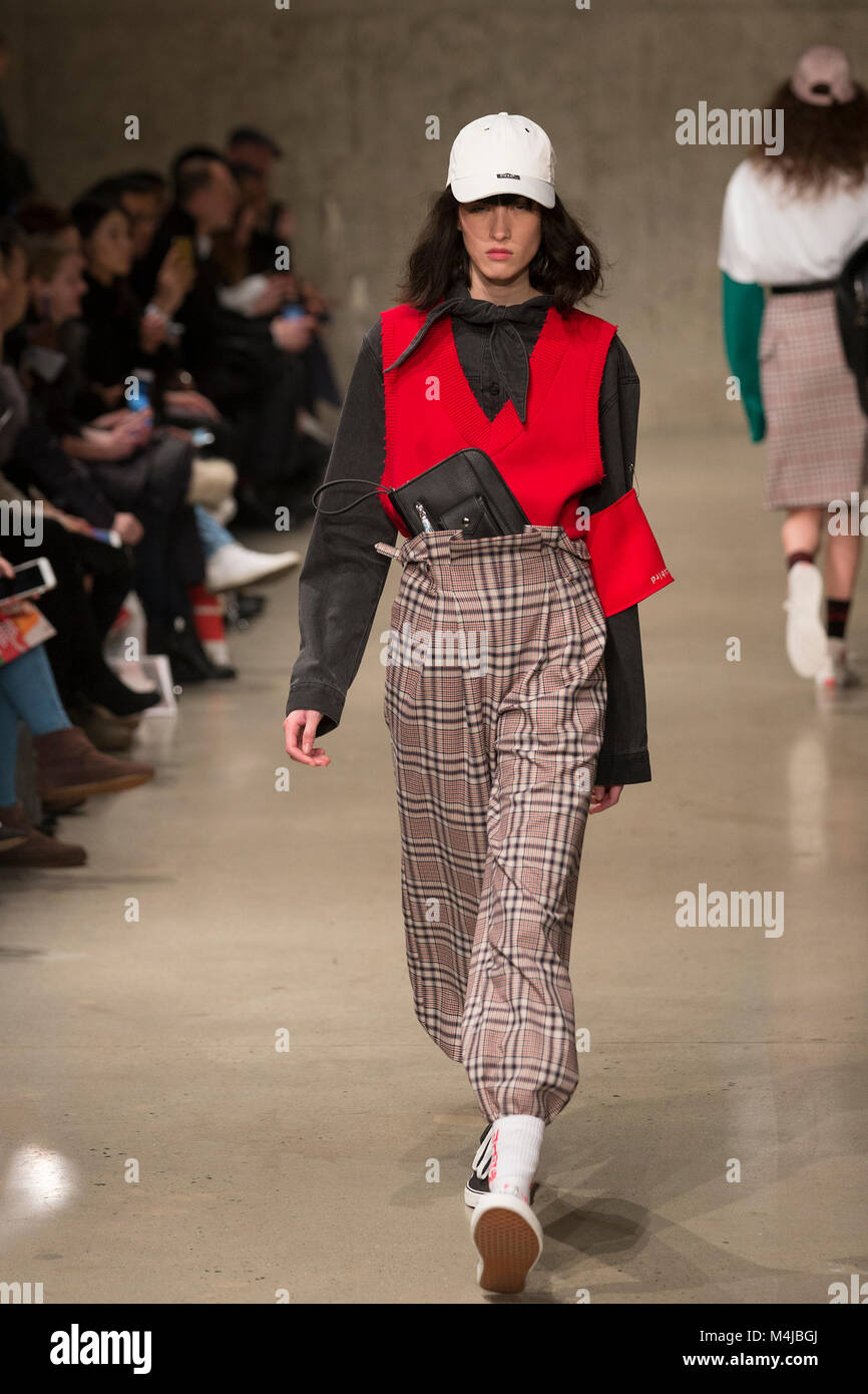New York, United States. 07th Feb, 2018. Model walks runway for ...