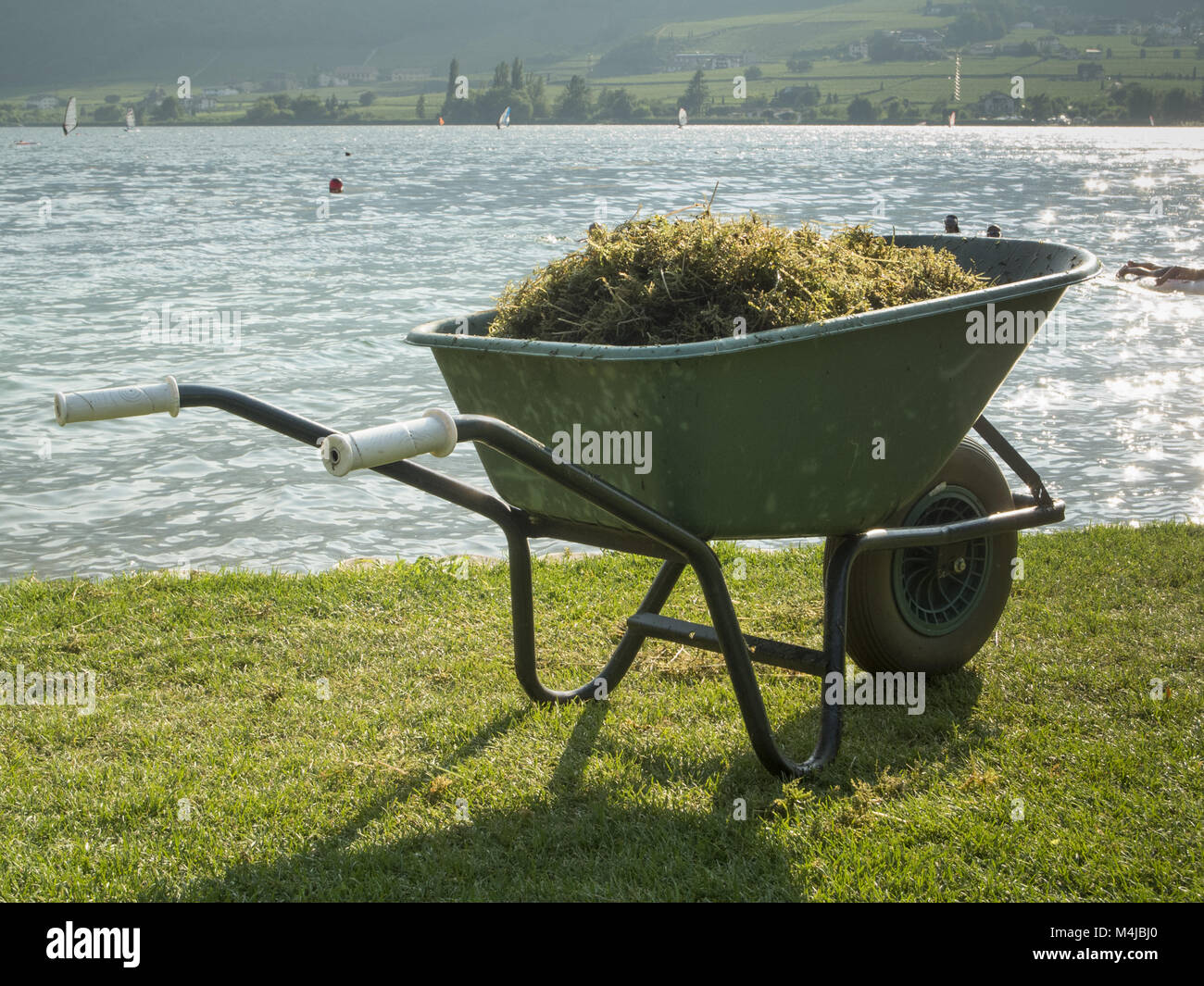 Wheelbarrow with big mermaid herb on Lake Caldaro Stock Photo - Alamy
