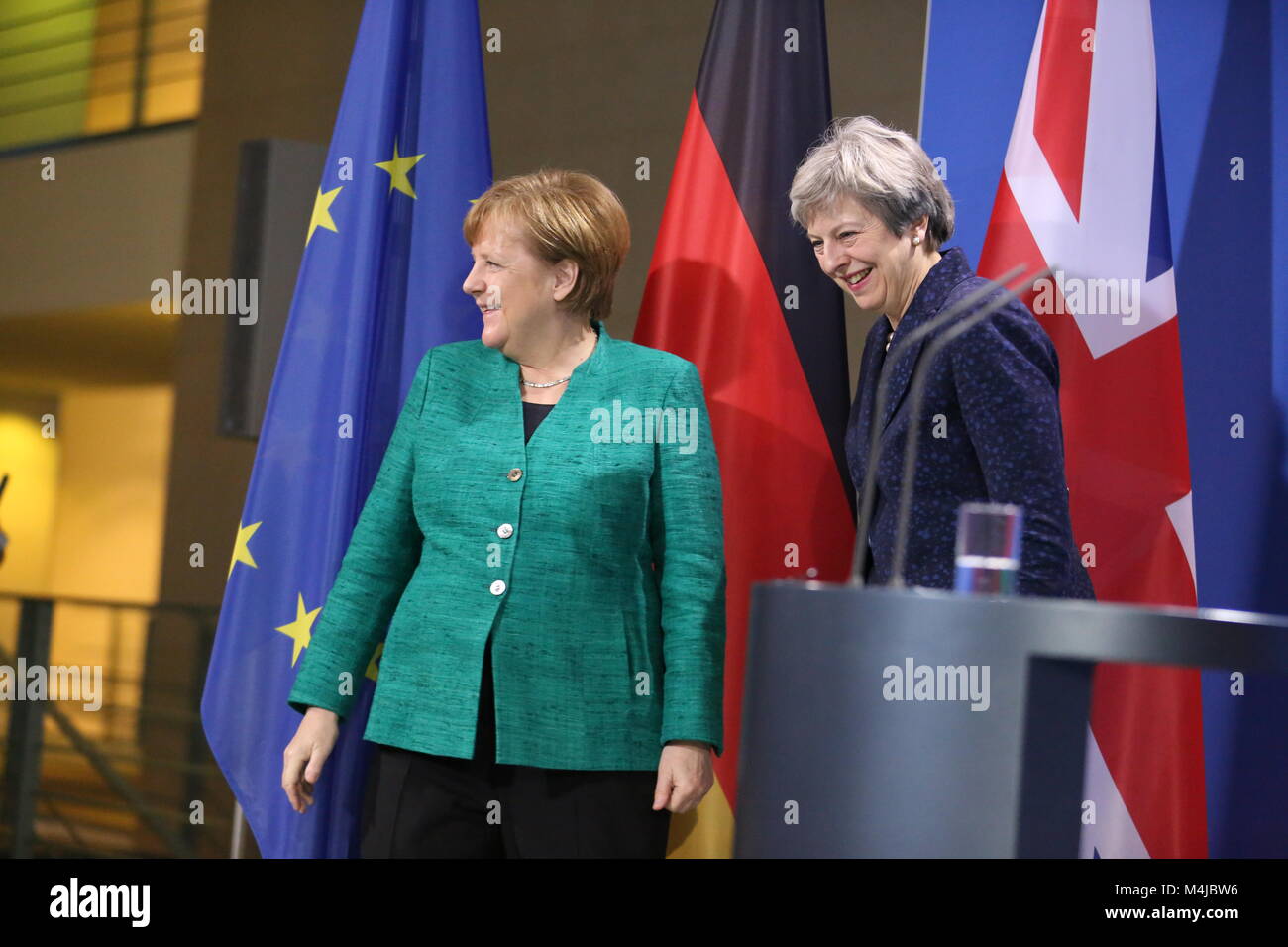 Berlin, Germany. 16th Feb, 2018. Angela Merkel and Theresa May give ...