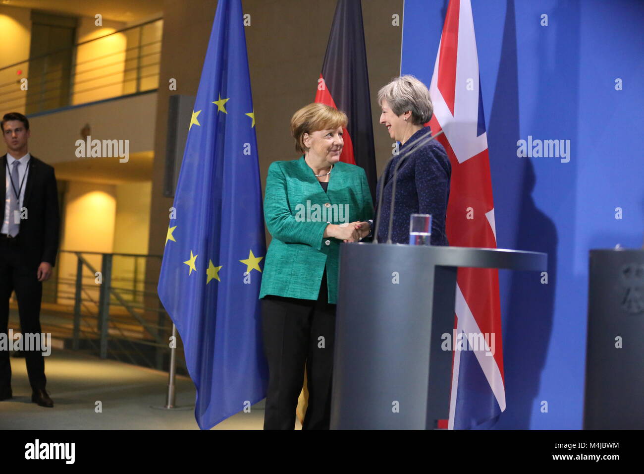 Berlin, Germany. 16th Feb, 2018. Angela Merkel and Theresa May give ...