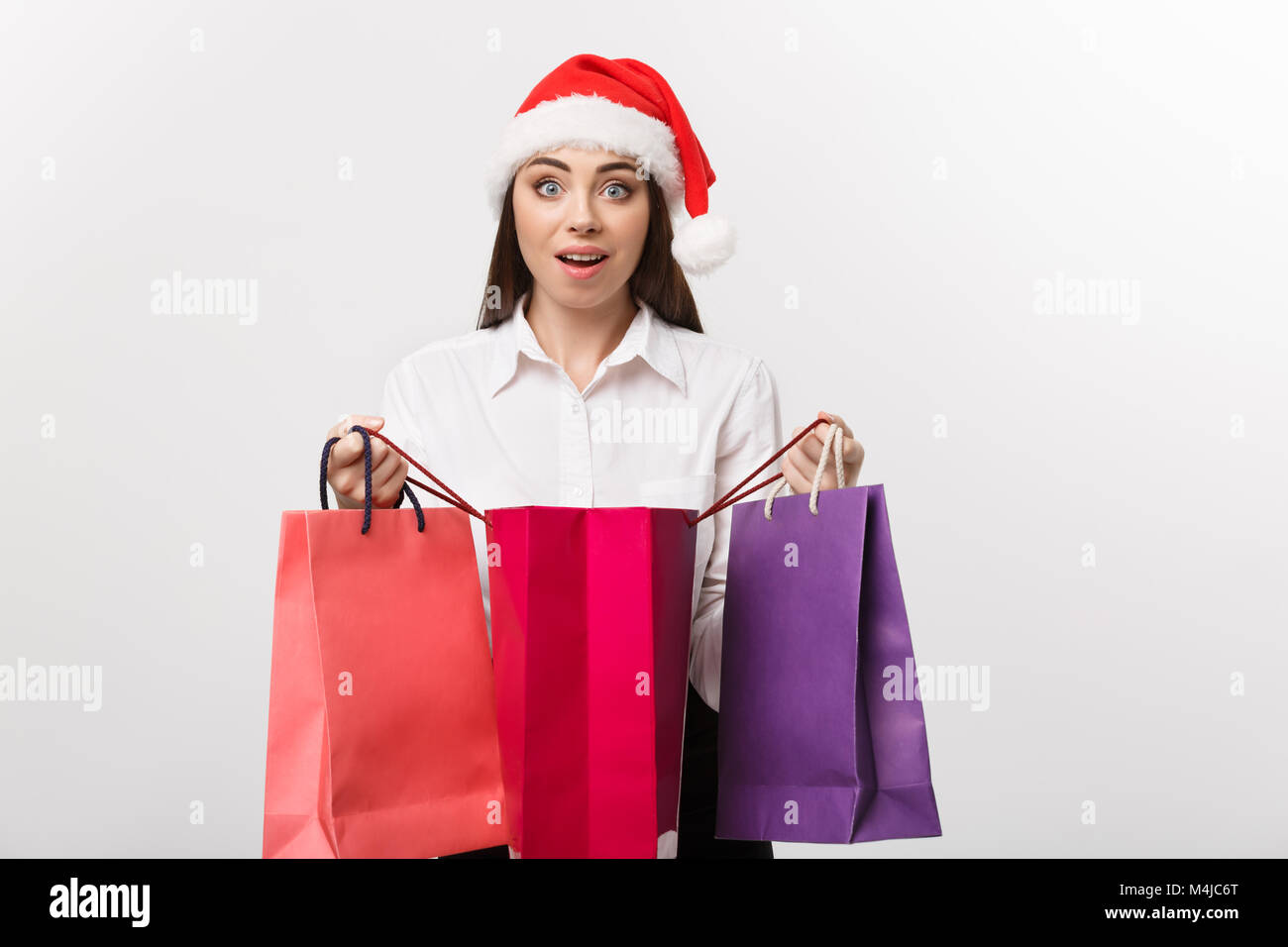Christmas Concept - beautiful caucasian business woman shocking with ...