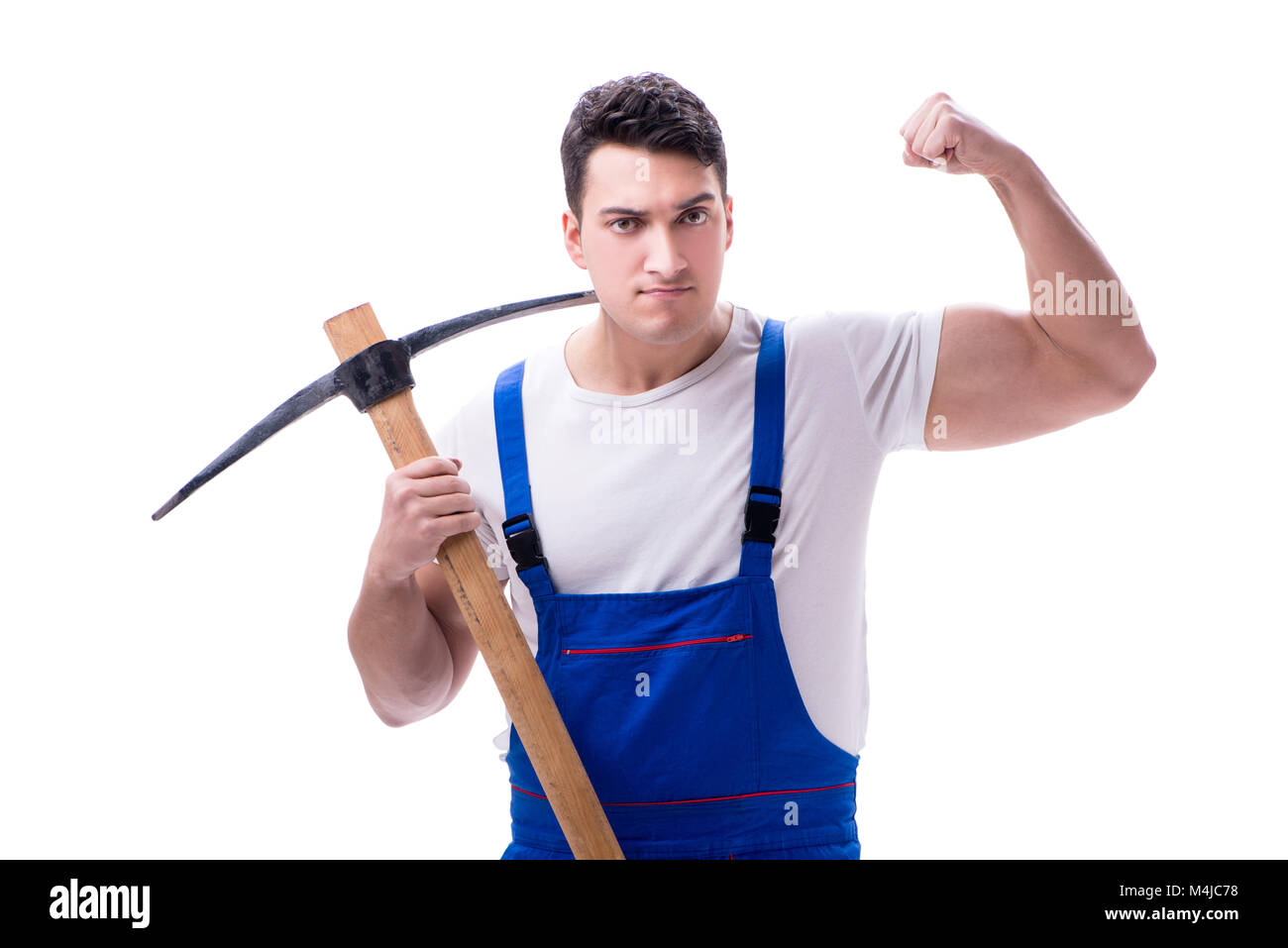 Man with a digging axe hoe on white background isolated Stock Photo - Alamy
