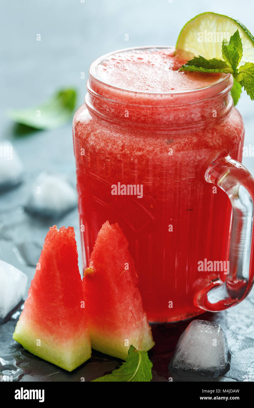 Cold watermelon smoothie in a glass Stock Photo - Alamy