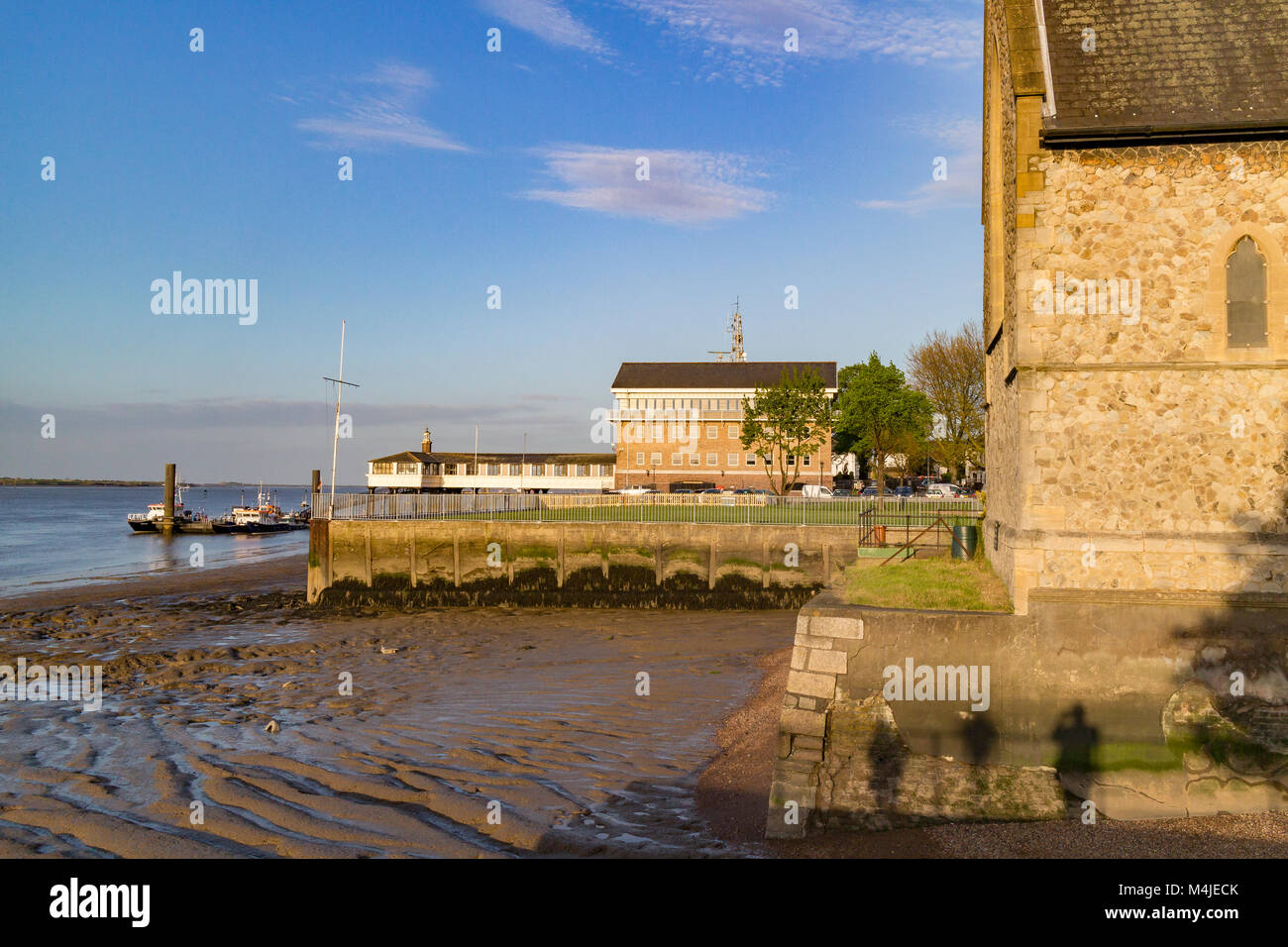 Views along the River Thames waterfront at low tide in the summer at ...