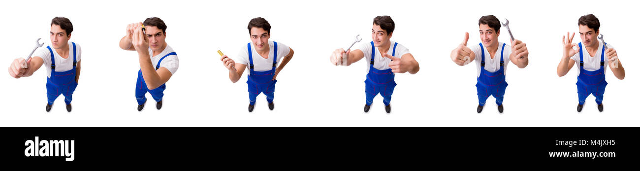 Funny repairman with tools isolated on white Stock Photo - Alamy