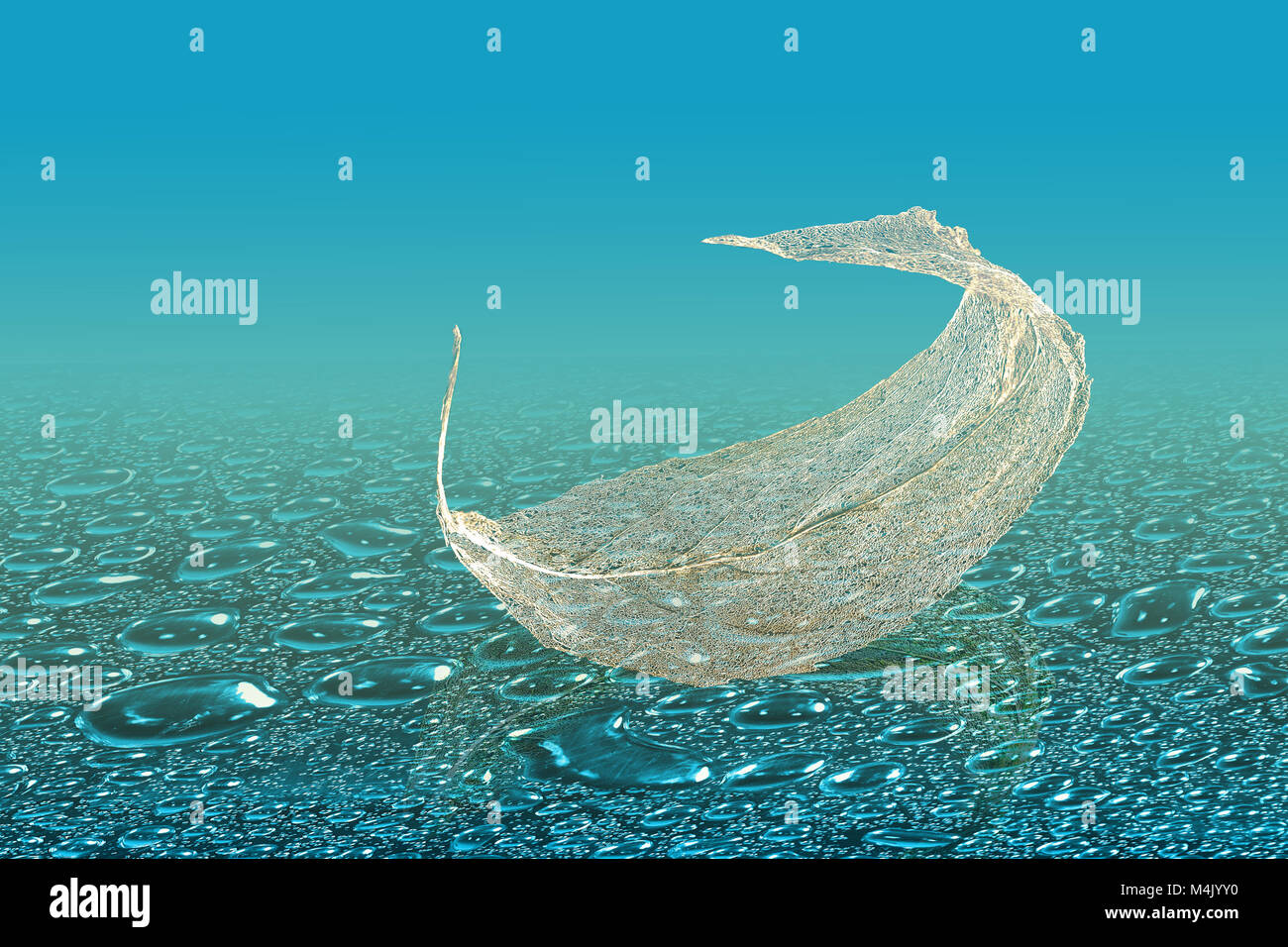 Golden skeleton leaf on the wet surface with water droplets Stock Photo ...