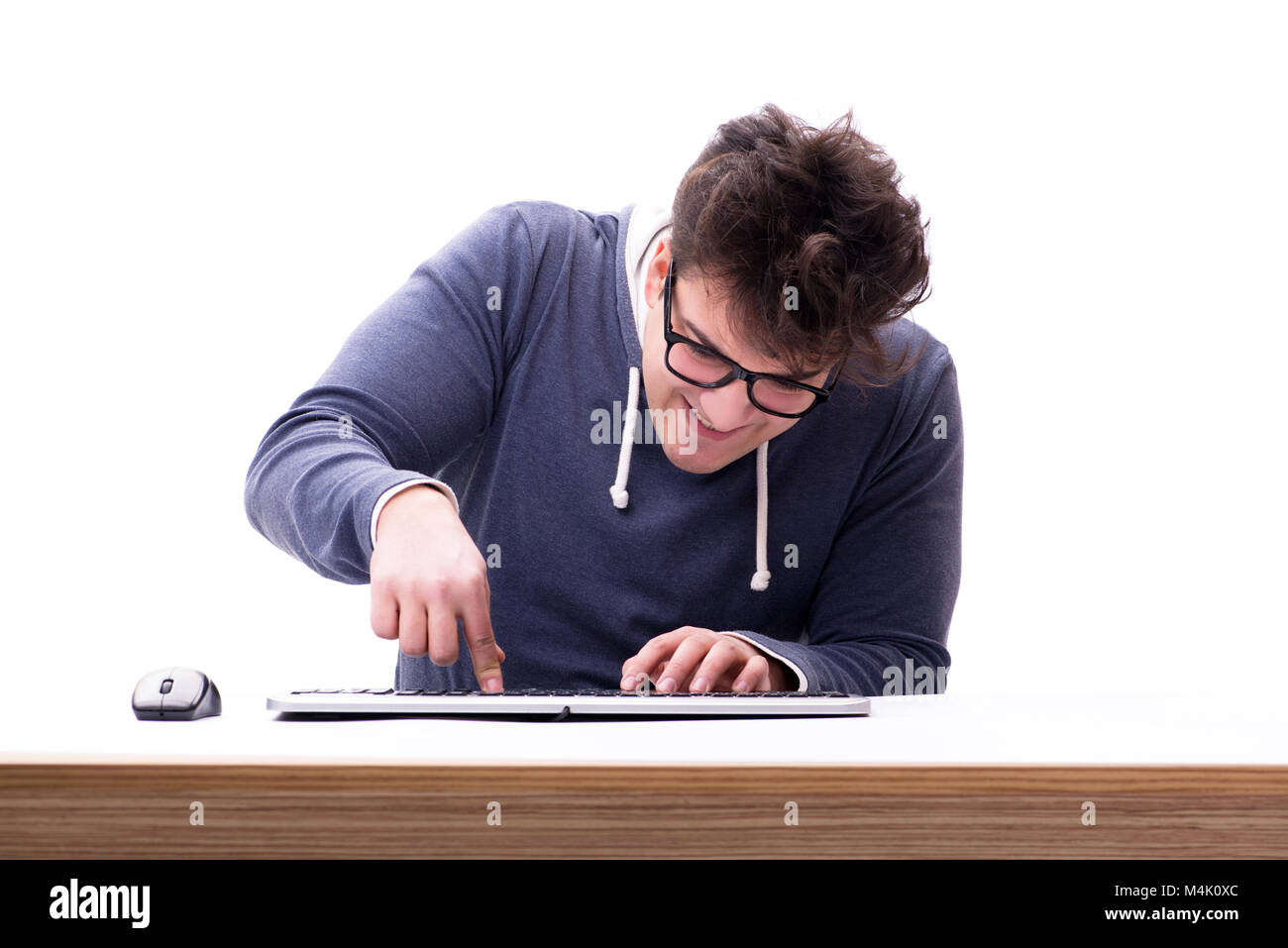 Funny nerd man working on computer isolated on white Stock Photo - Alamy