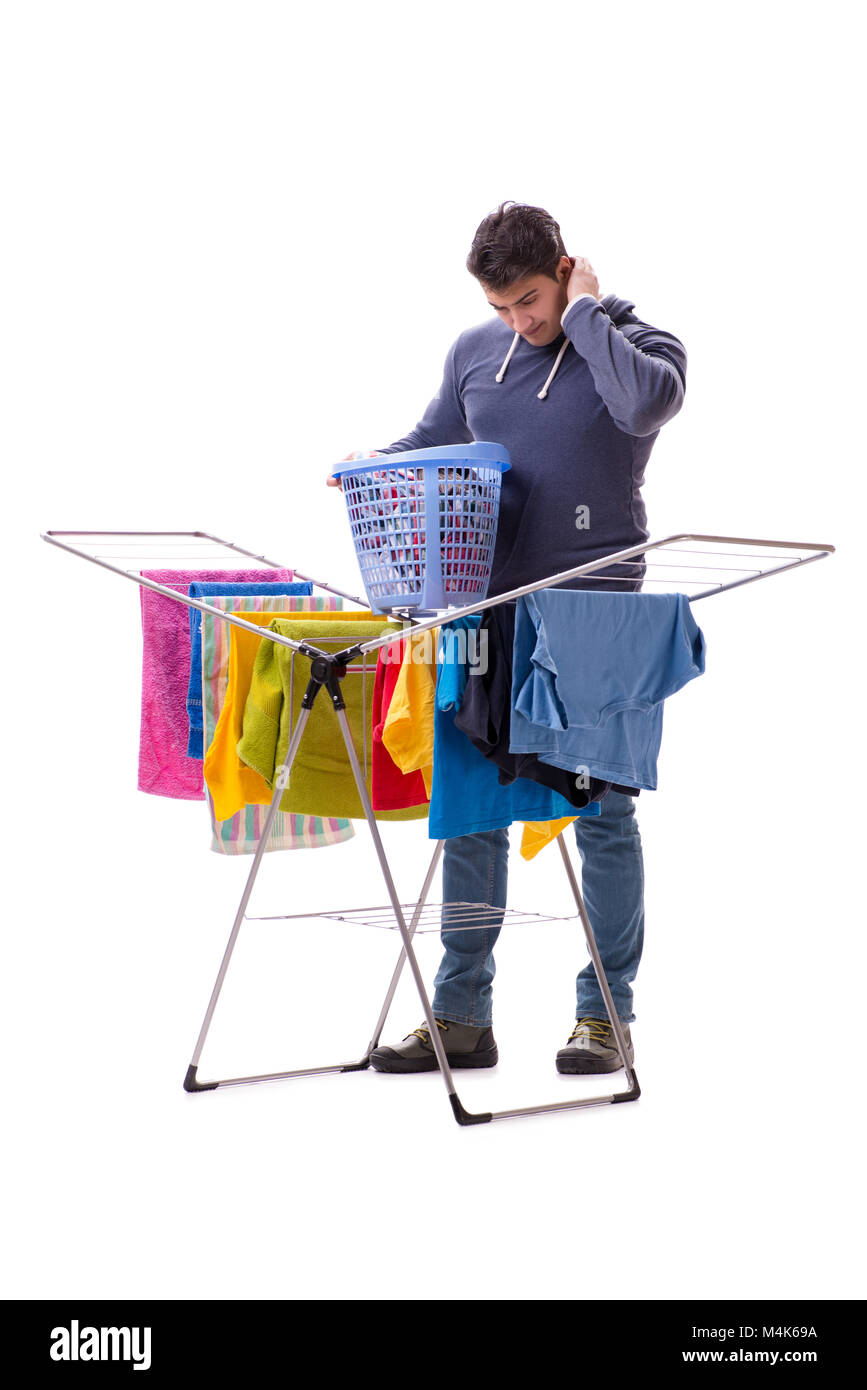 Husband man doing laundry isolated on white Stock Photo - Alamy