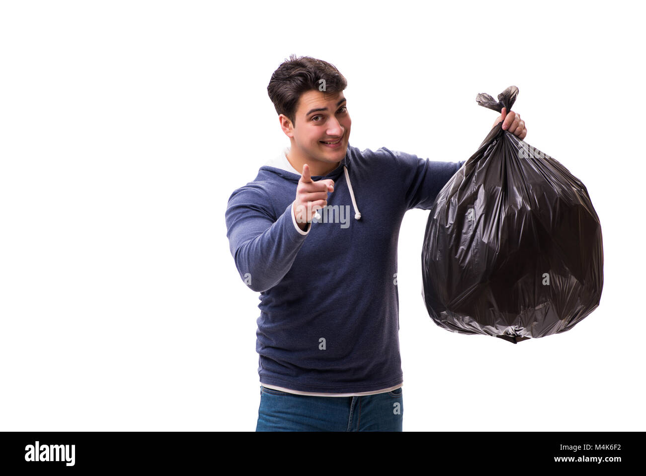 Man with garbage sack isolated on white Stock Photo - Alamy