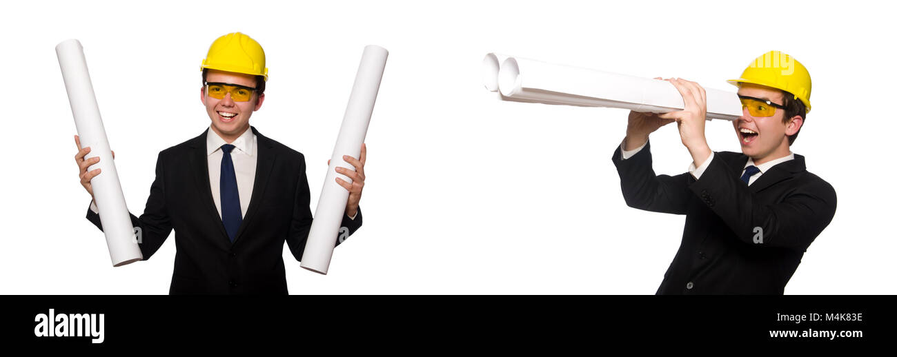 Funny architect with drawings on white Stock Photo - Alamy