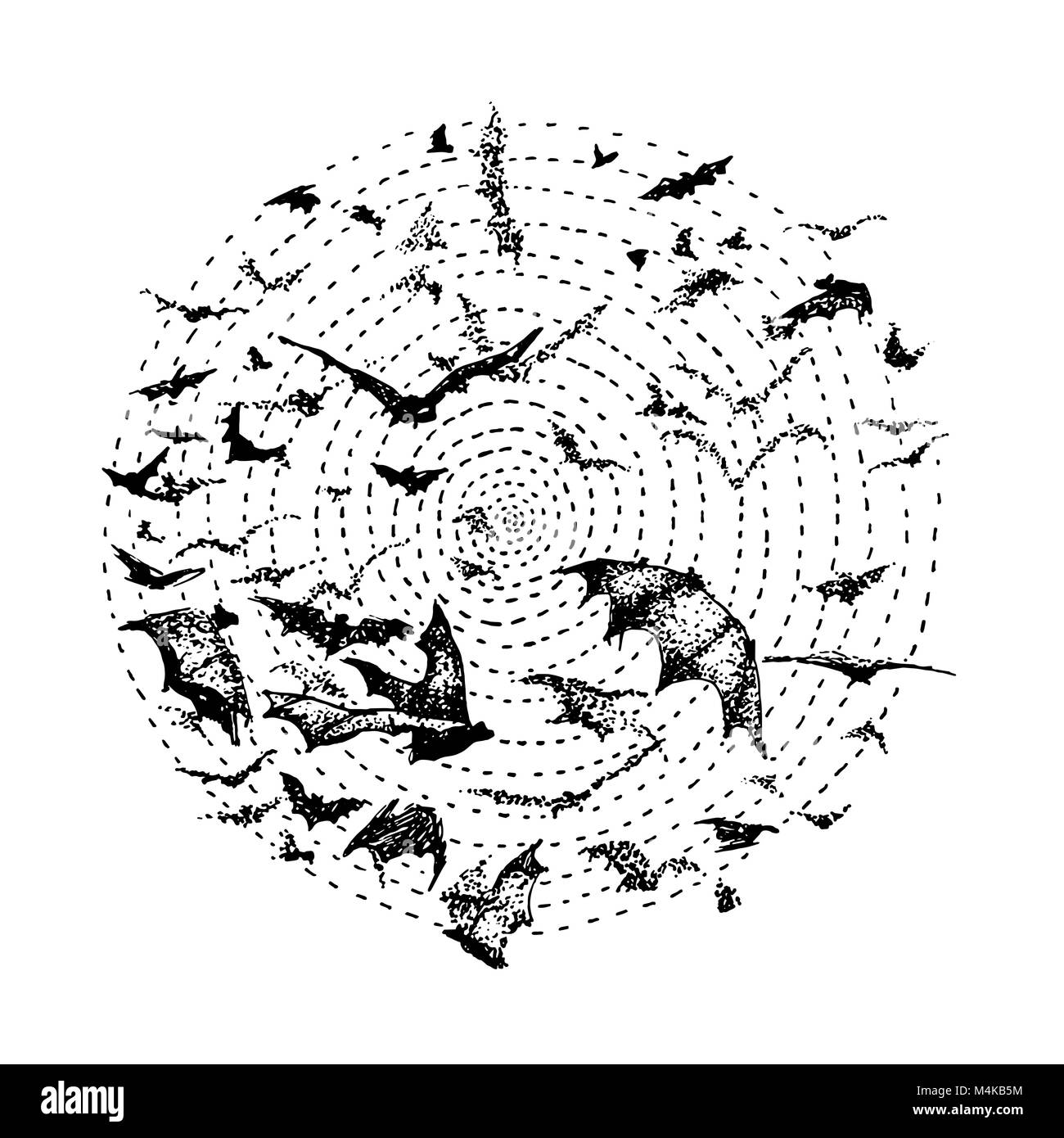 a flock of black bats on a white background, curled around. Hand drawn ...