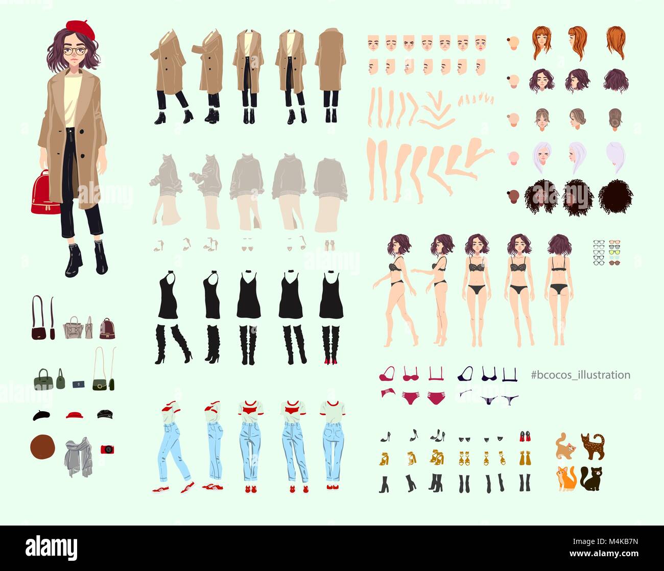 Animate character. Young lady character constructor. Different woman ...