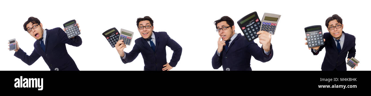 Funny man with calculator isolated on white Stock Photo - Alamy