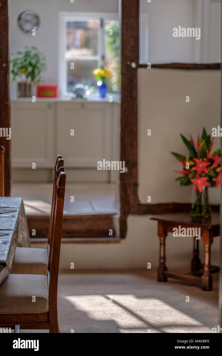 Interior of Monks Cottage, a medieval building built in the 1300s with ...