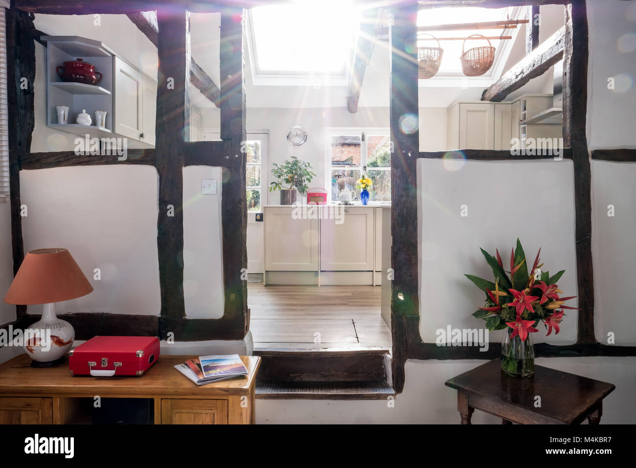 Interior of Monks Cottage, a medieval building built in the 1300s with ...