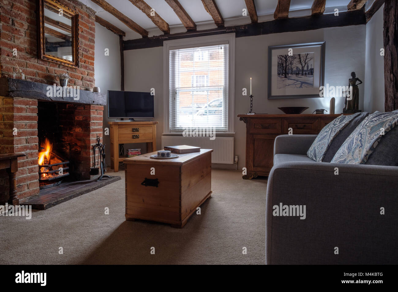 Interior of Monks Cottage, a medieval building built in the 1300s with ...