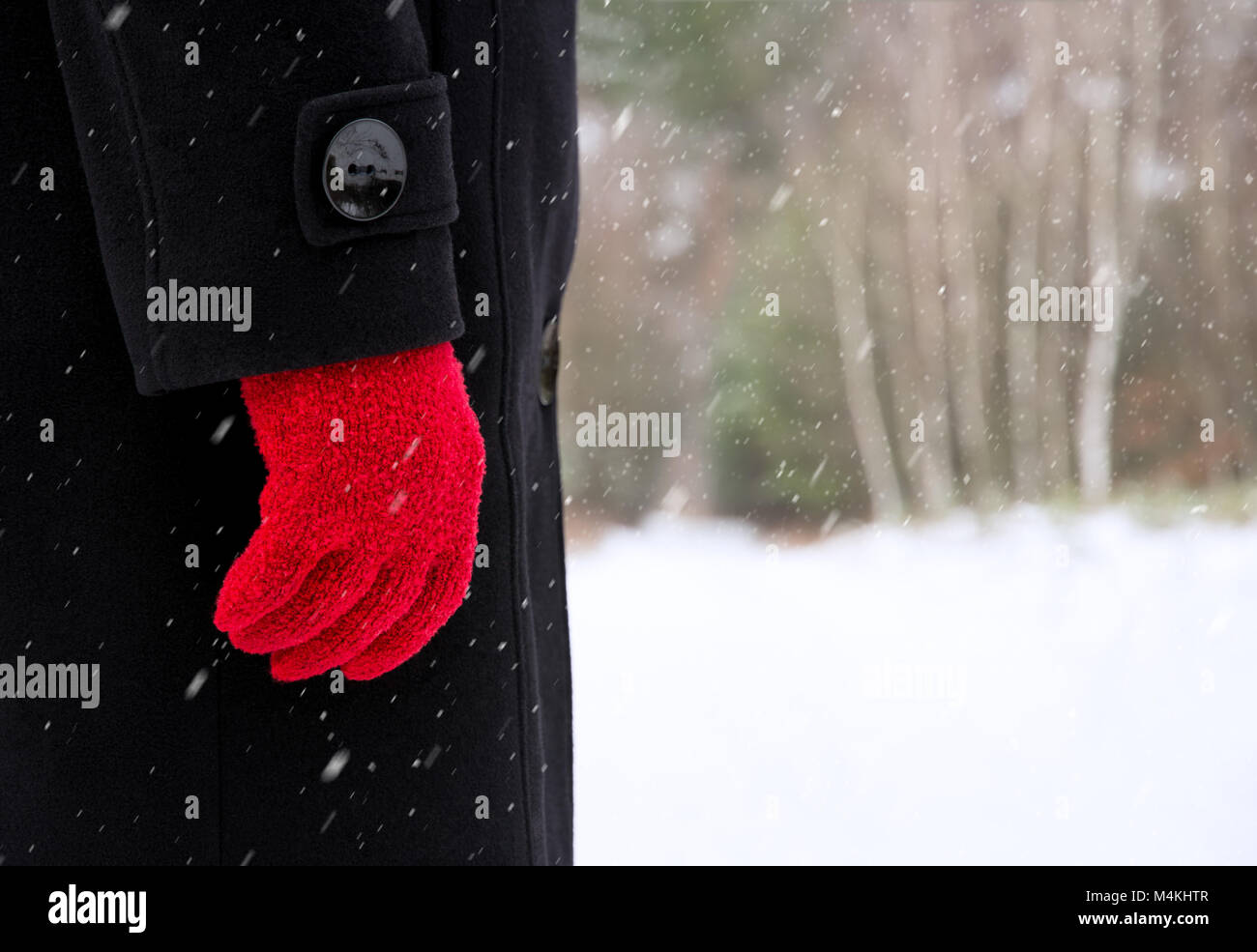 Human in black coat and red gloves standing in winter landscape with ...