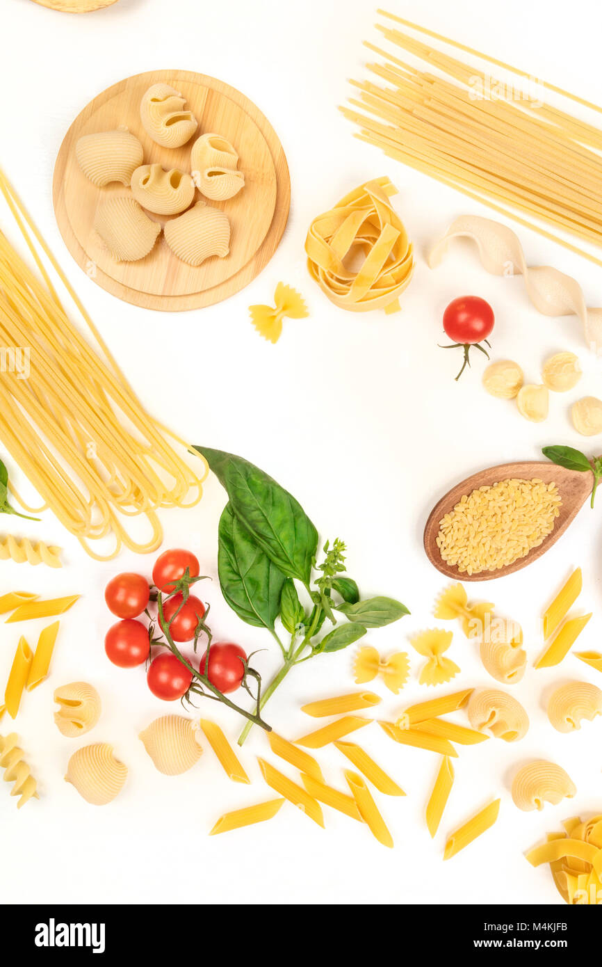 Overhead photo of different types of pasta, including spaghetti, penne ...