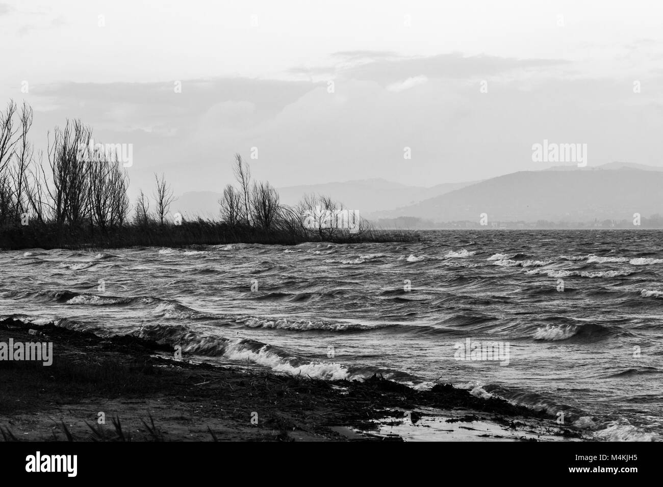 Moody lake shore at dusk, with waves on the water Stock Photo - Alamy