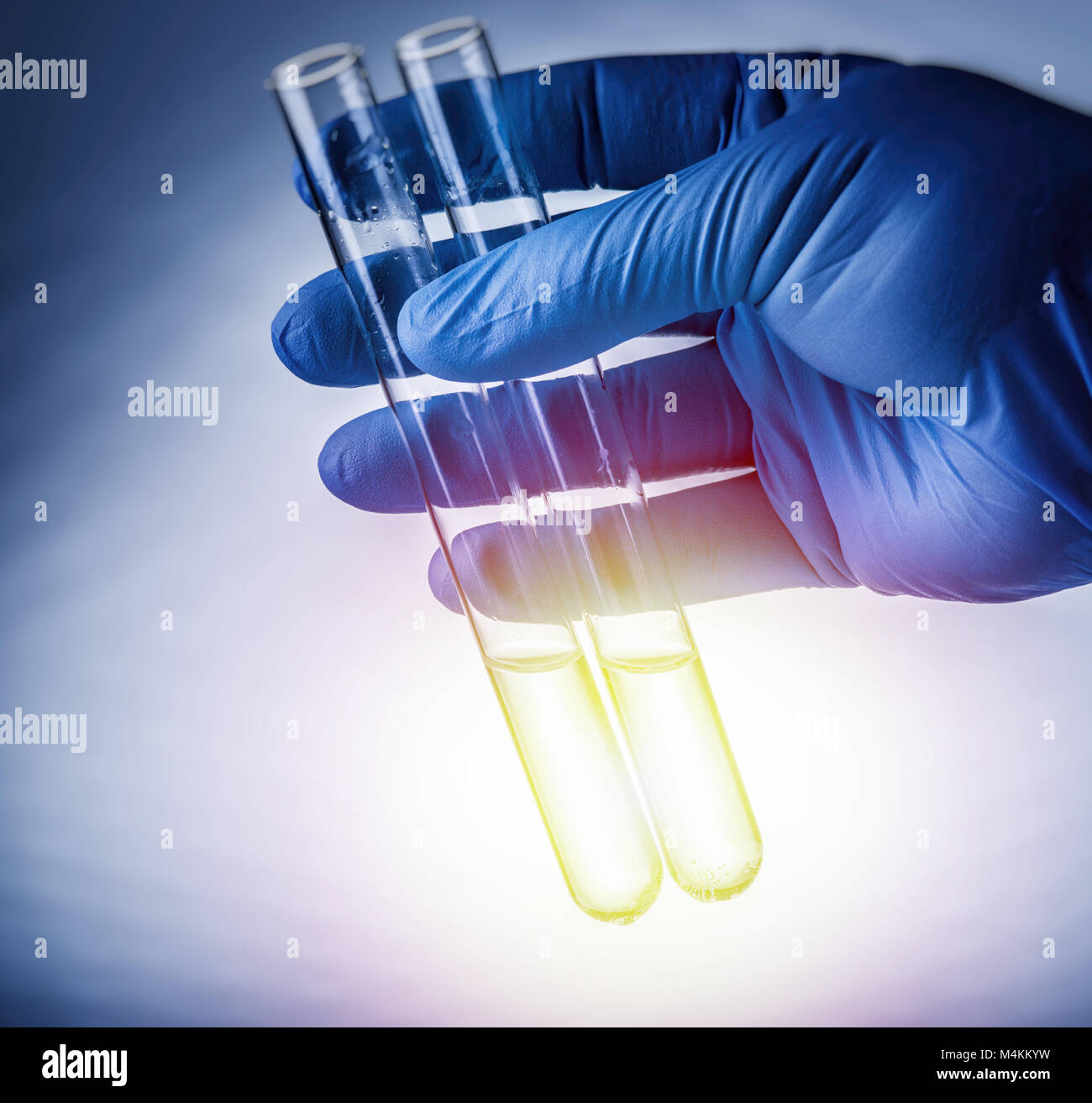Different laboratory beakers and glassware. Chemical test in process ...