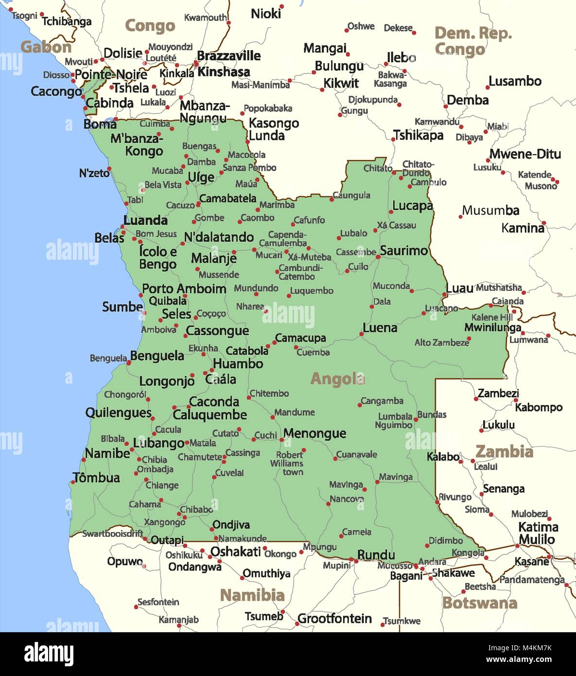 Map of Angola. Shows country borders, urban areas, place names and ...