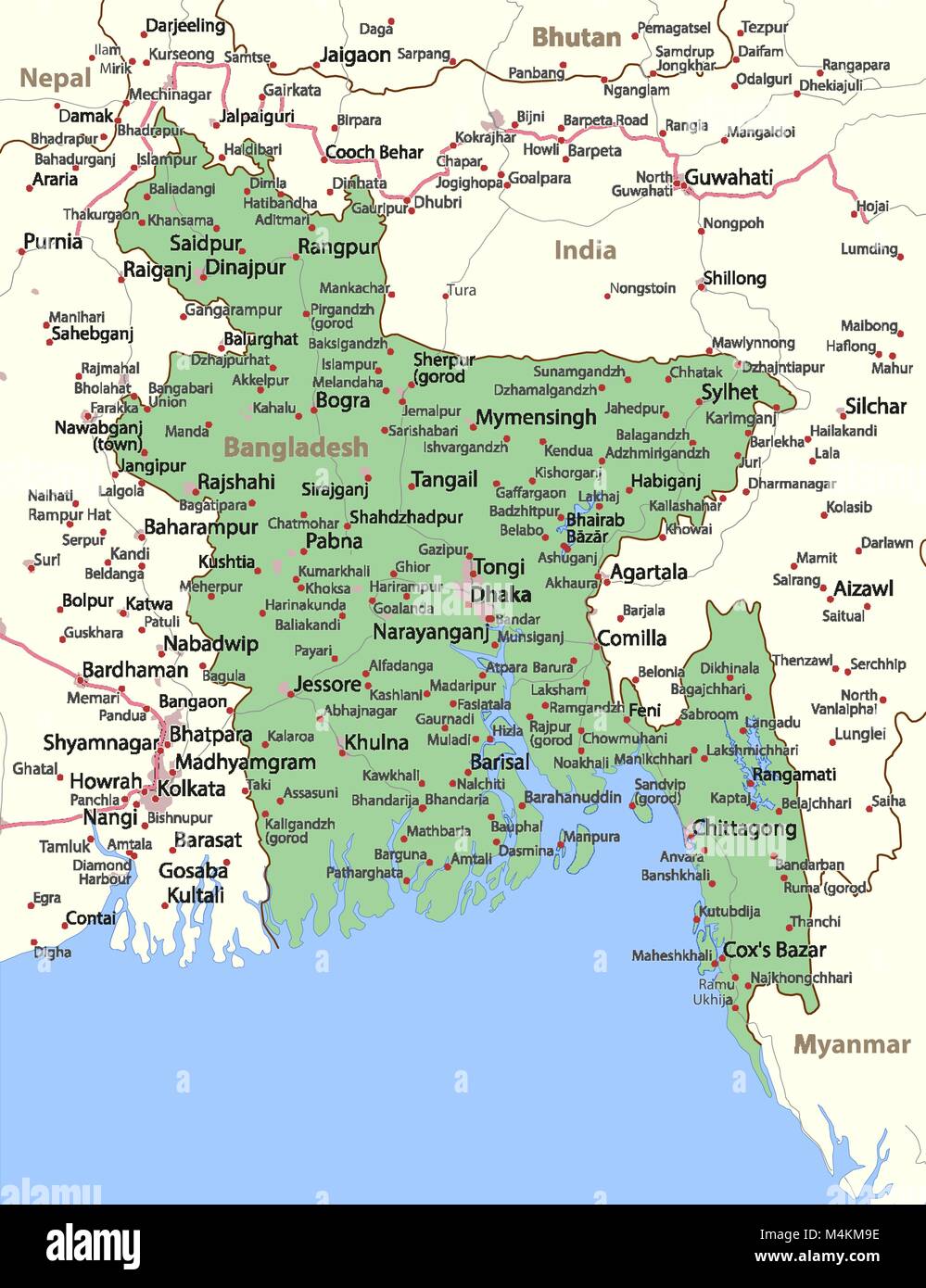 Map of Bangladesh. Shows country borders, urban areas, place names and ...