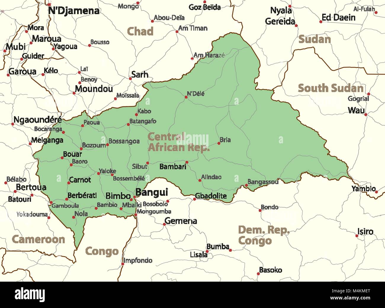 Map of Central African Rep. Shows country borders, urban areas, place ...