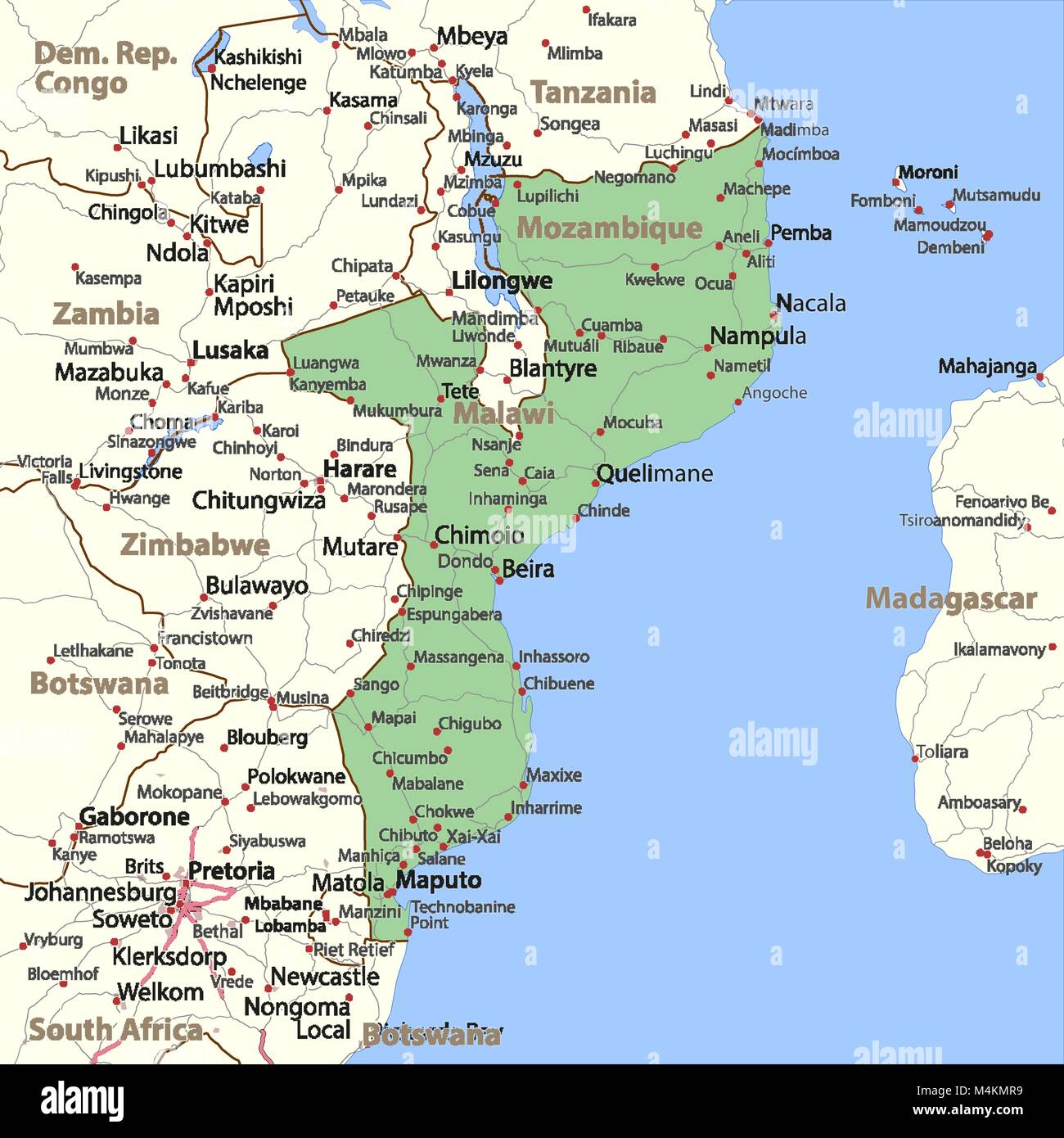 Map of Mozambique. Shows country borders, urban areas, place names and ...