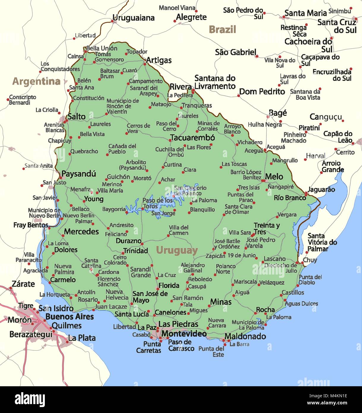 Map of Uruguay. Shows country borders, urban areas, place names and roads. Labels in English ...