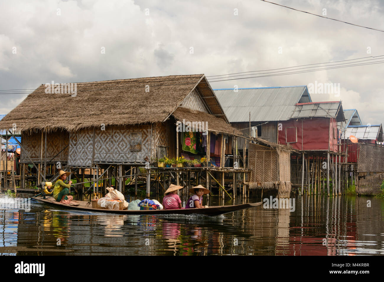 Nampan: houses on stilts, boat, Inle Lake, Shan State, Myanmar (Burma ...