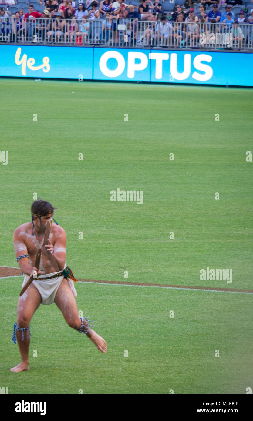 An indigenous man performing a traditional welcoming dance at Fremantle ...