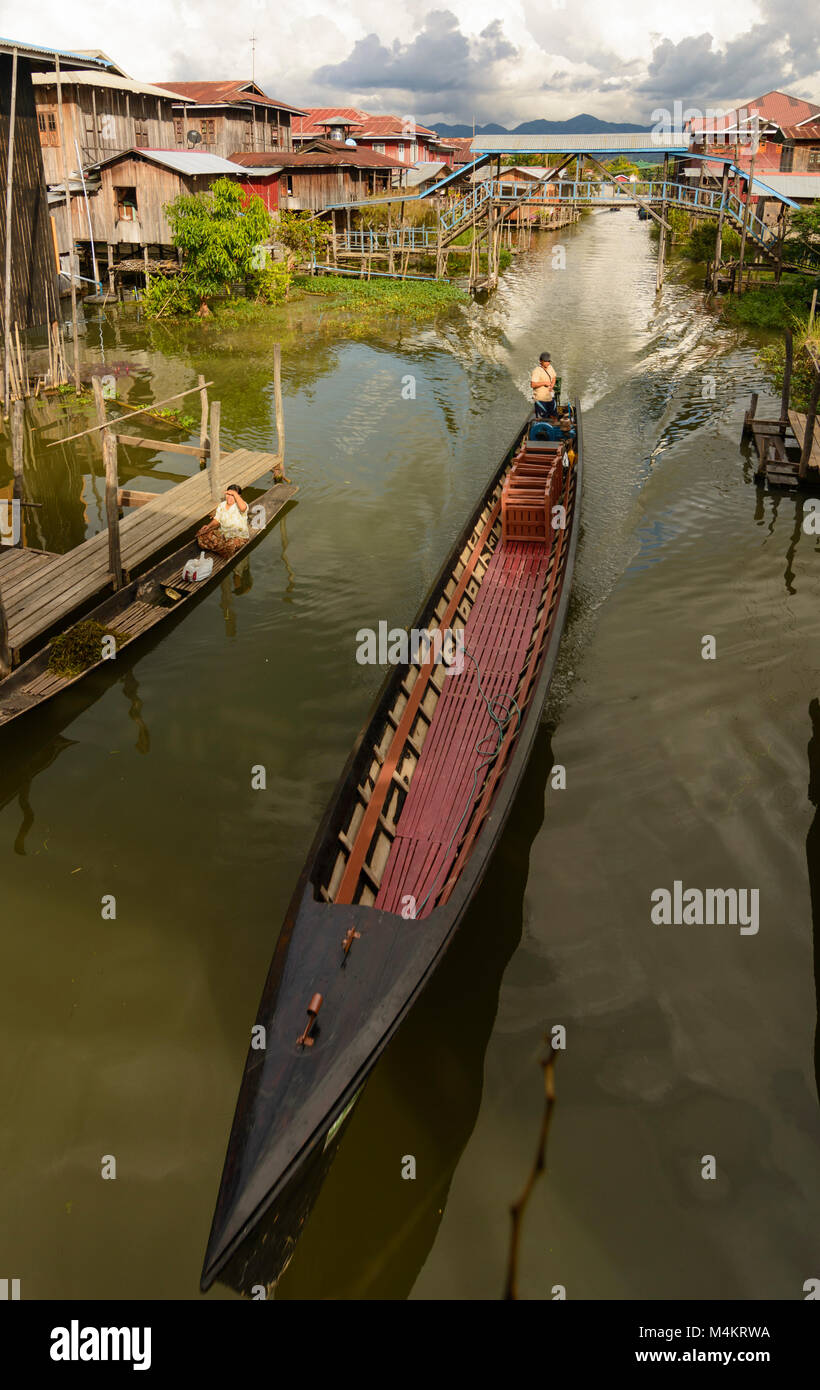 Nampan: house on stilts, canal, boat, Inle Lake, Shan State, Myanmar ...