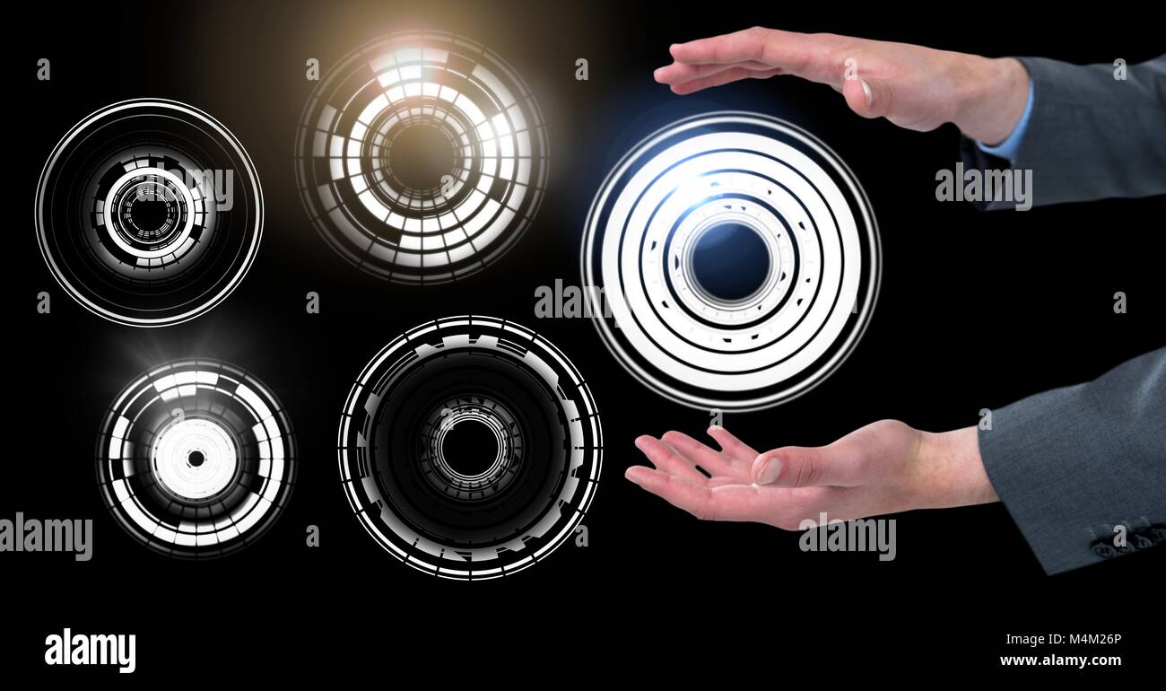 Hands around circle interface Stock Photo - Alamy