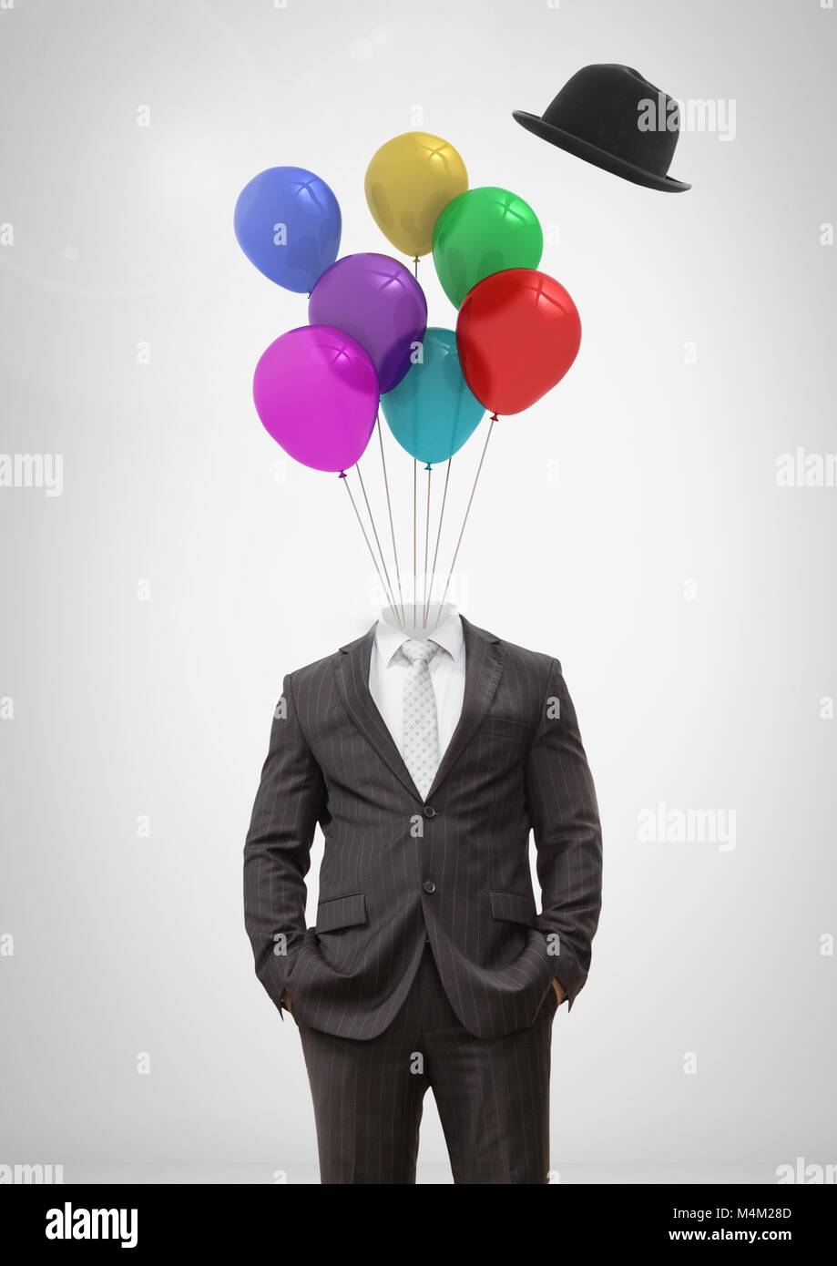 Headless man with surreal floating hat and balloons in front of sky ...
