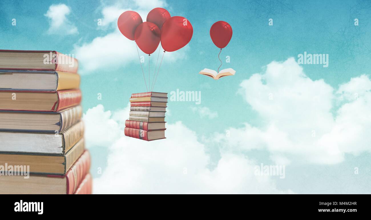 Floating books on balloons in surreal sky Stock Photo - Alamy