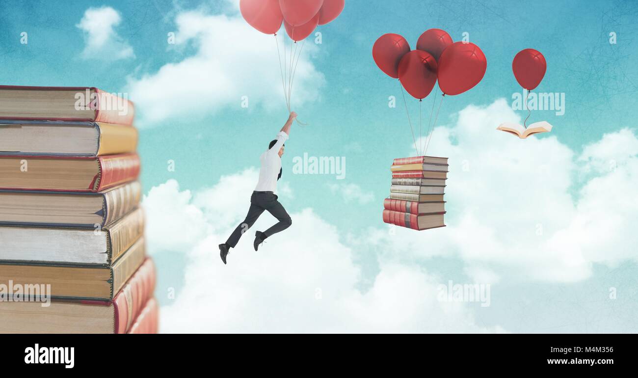Man holding balloons and floating books on balloons in surreal sky ...
