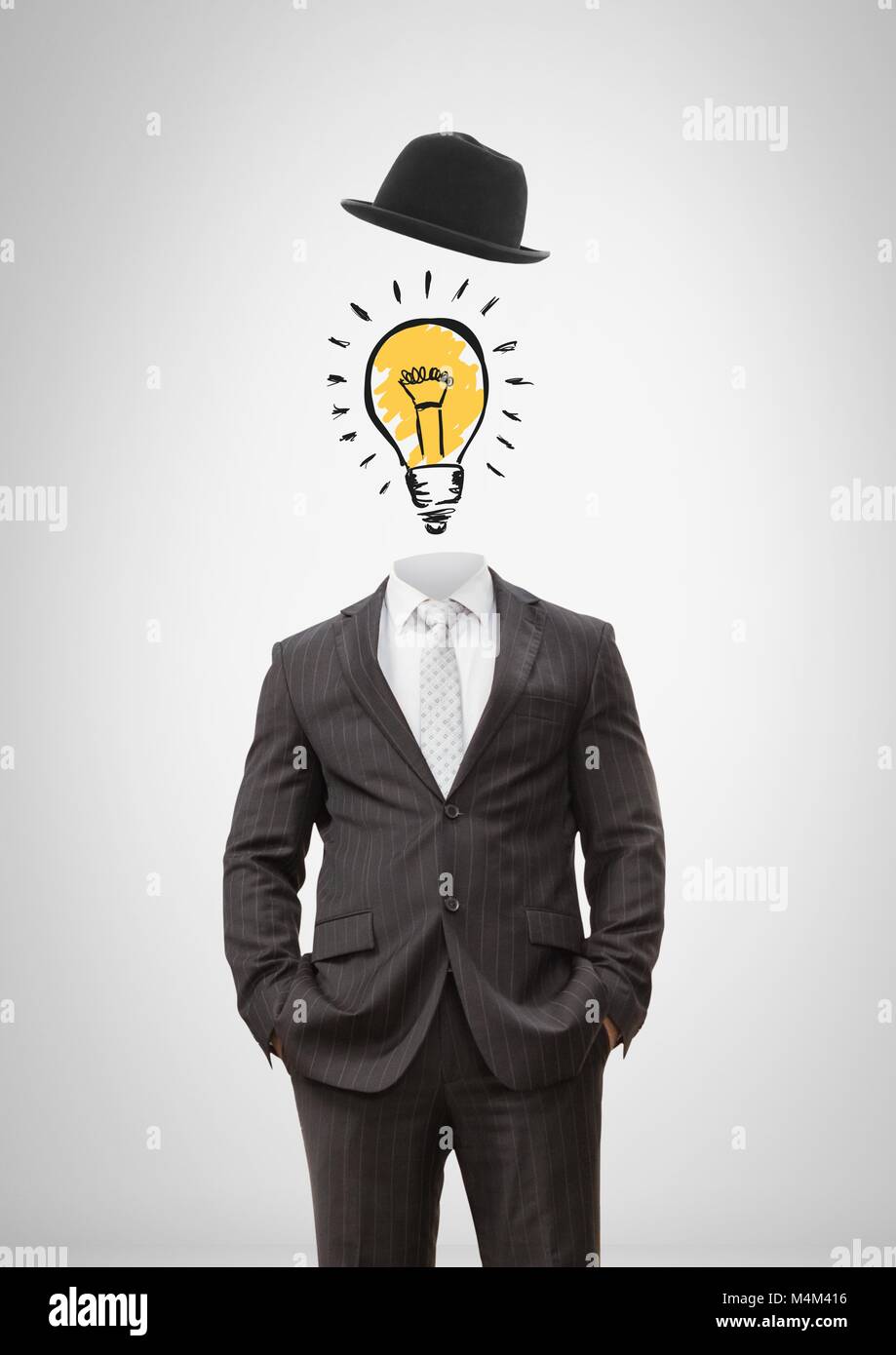 Headless man with surreal floating hat and light bulb Stock Photo - Alamy