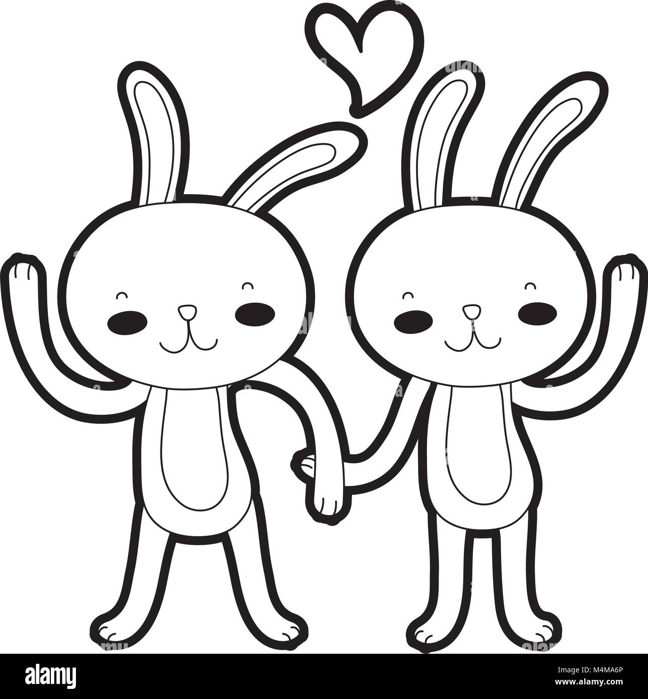 outline rabbit couple love with hands together Stock Vector Image & Art ...