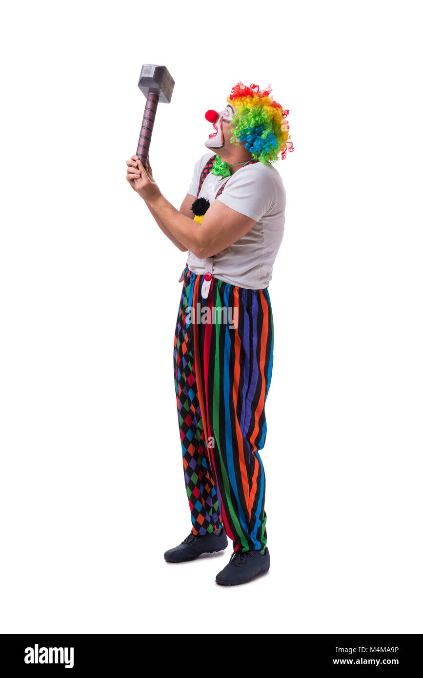Funny clown with a hammer isolated on white background Stock Photo - Alamy